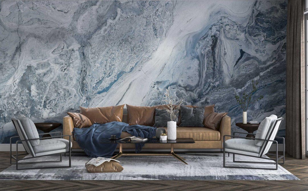 Blue & Gray Marbled Pattern Wallpaper Abstract Stone Art, Modern Chic ...