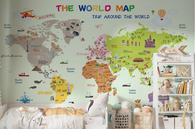 Educational Kids World Map Wallpaper, Learning Theme, Nursery Decor ...