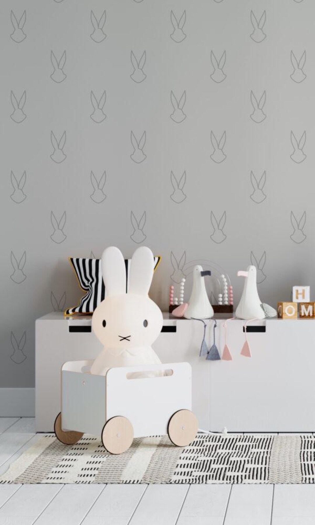 Minimal Rabbit Pattern Wallpaper, Cute Animal Design, Nursery Decor ...