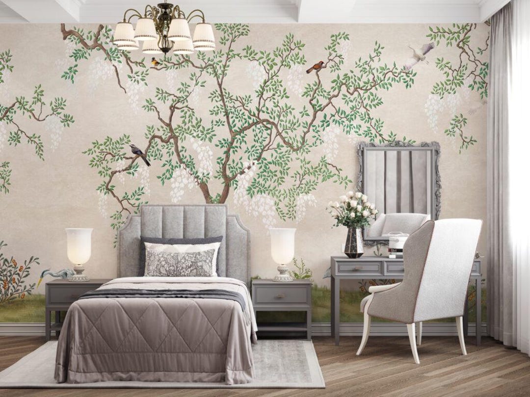 Bird Around Tree Pattern 3D Wallpaper, Nature Inspired Art, Avian Decor ...
