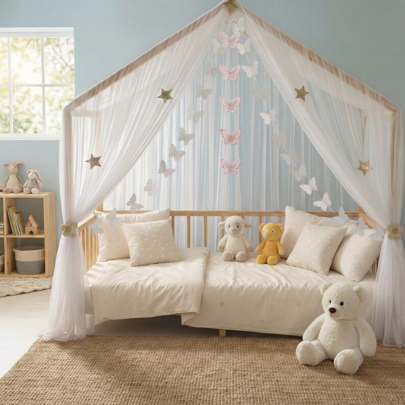 Handmade Montessori Bed Canopy White, Butterfly Tulle House Bed Canopy ...