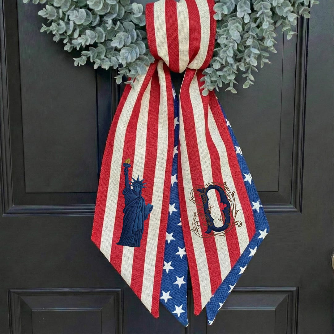 Independence Day Wreath Sash – Rustic Embroidered American Flag ...