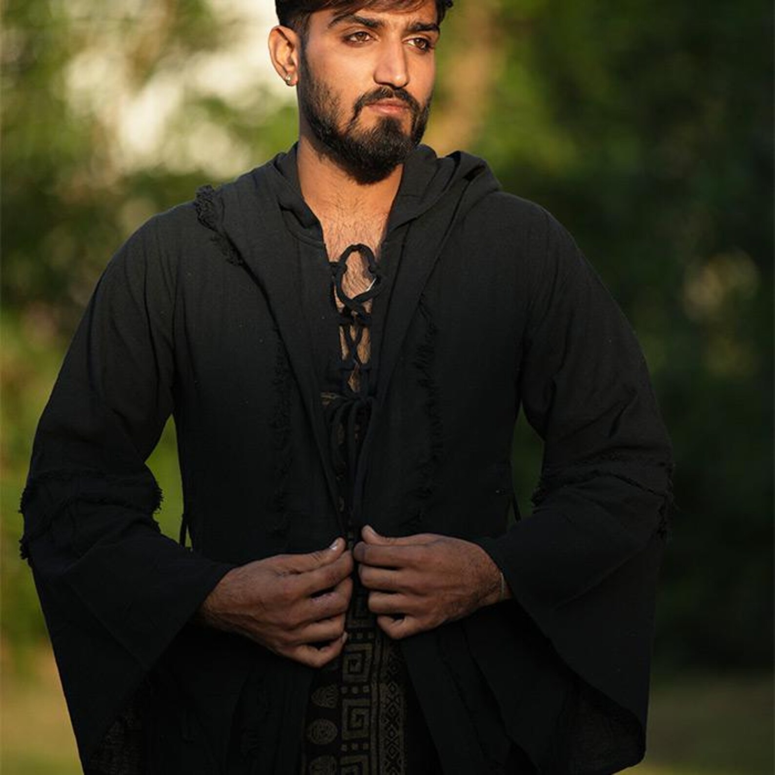 Male Boho Kimono | Black and Natural Cotton Hooded Robe | Lightweight ...