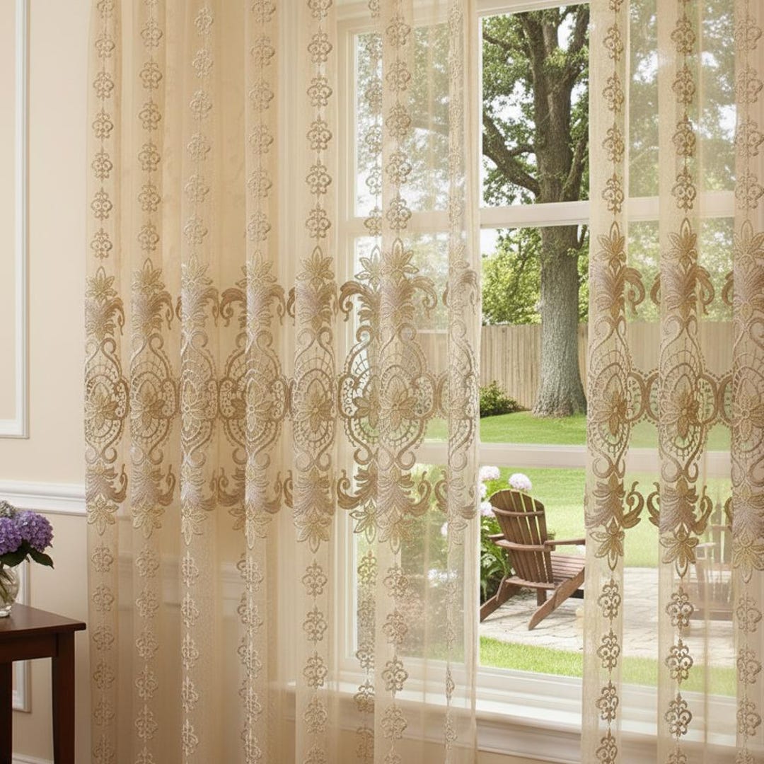 Custom Sheer Lace Curtains: Vintage Floral Embroidery, Scalloped Edge ...