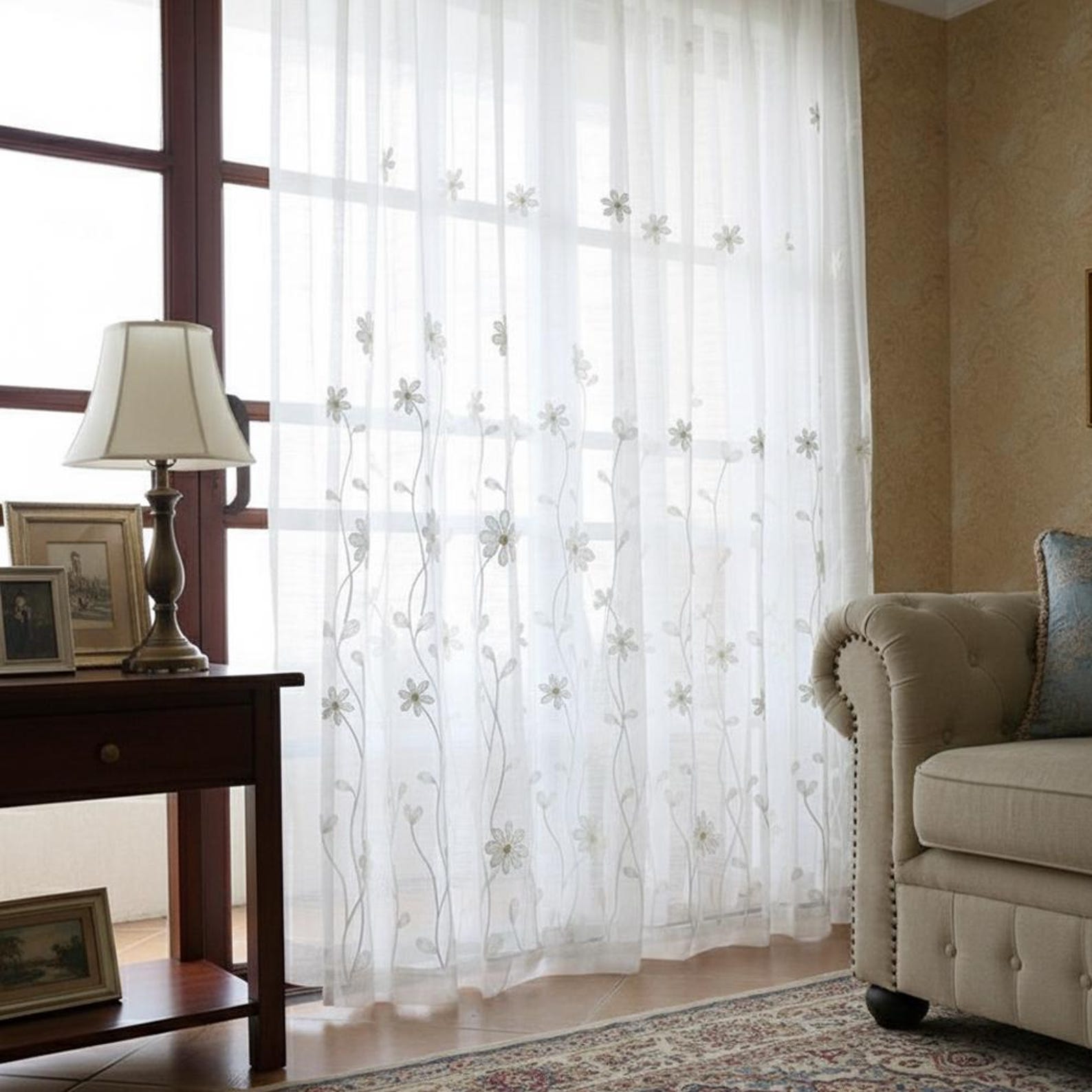 Daisy Embroidery Sheer Curtains - White Floral Drapes, Custom Size (2 ...