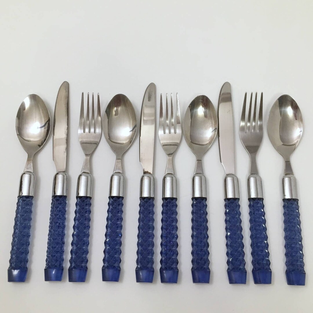 Lot of 10 Lucite Acrylic Plastic Handle Flatware Blue Faceted Diamond ...