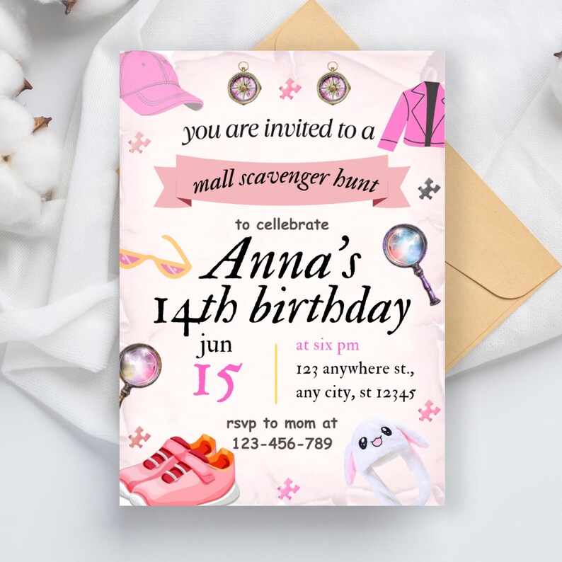 Editable Mall Scavenger Hunt Invitation Template for Girl, Mall Party ...