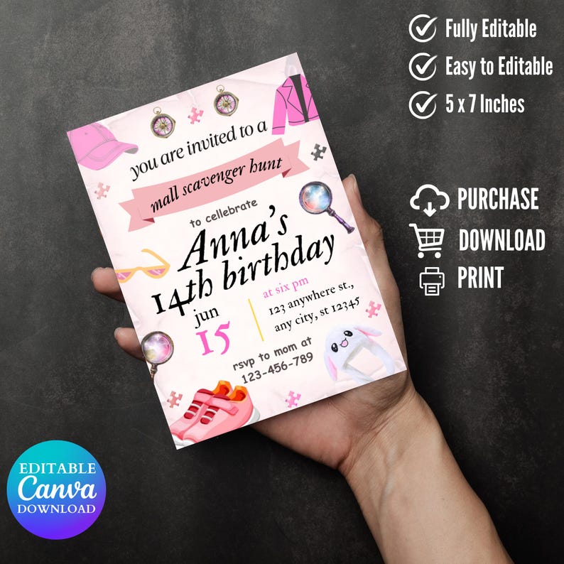 Editable Mall Scavenger Hunt Invitation Template for Girl, Mall Party Invitation, Teen Birthday ...