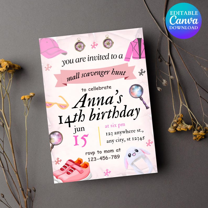 Editable Mall Scavenger Hunt Invitation Template for Girl, Mall Party ...
