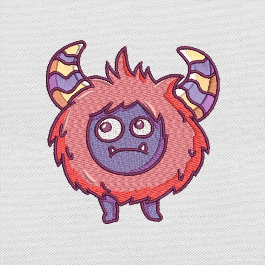 Furry Monster Embroidery Design, Purple Horned Creature With Big Eye ...
