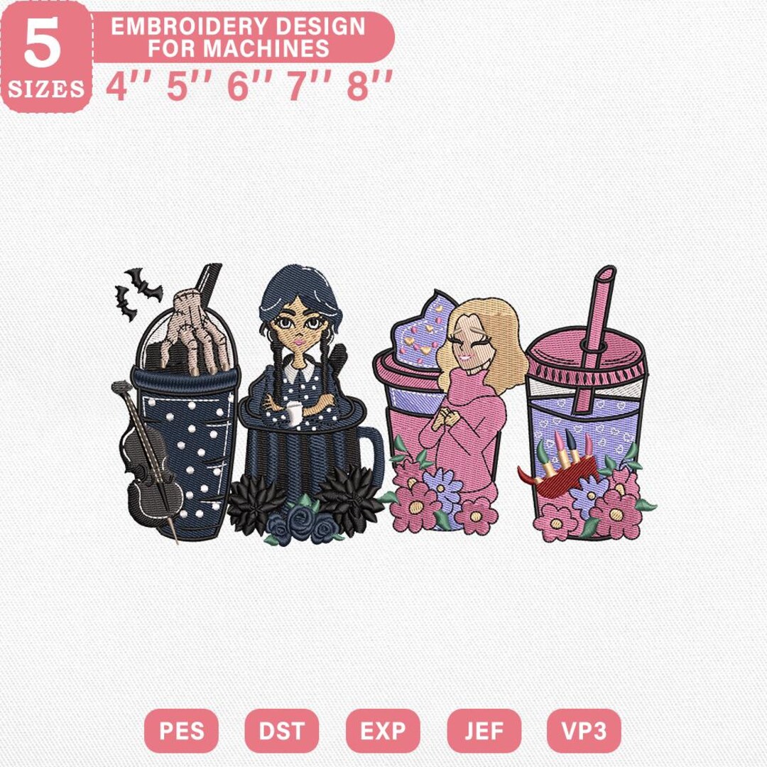 Halloween, Goth and Pastel Girl Embroidery Design, Cute Contrast Coffee ...