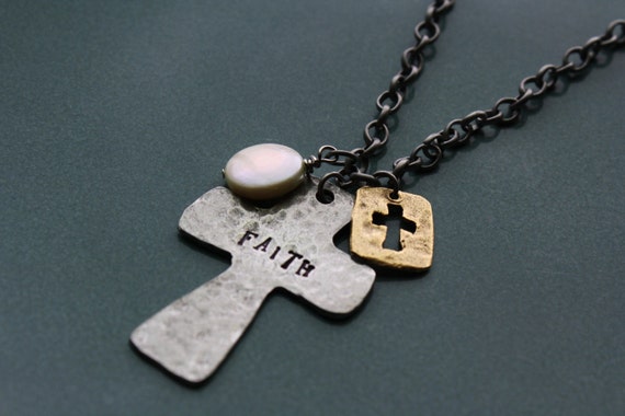 Mixed Metal Stamped Hammered Cross with Coin Pearl and Cross | Etsy