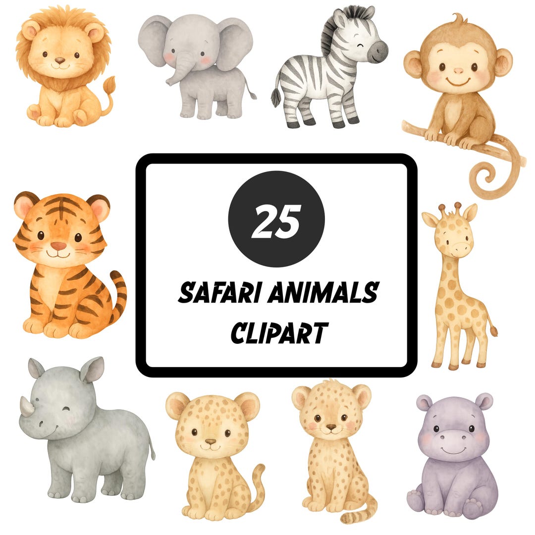 Watercolor Safari Animals Clipart Bundle, Cute Baby Jungle Animals PNG ...