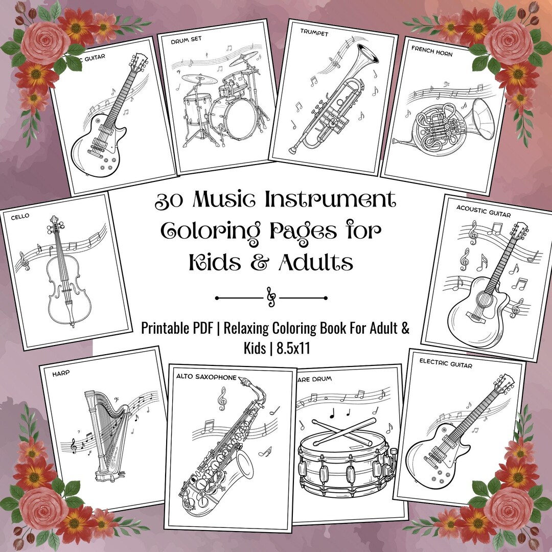Music Instrument Coloring Book: 30 Printable Pages for Kids & Adults ...