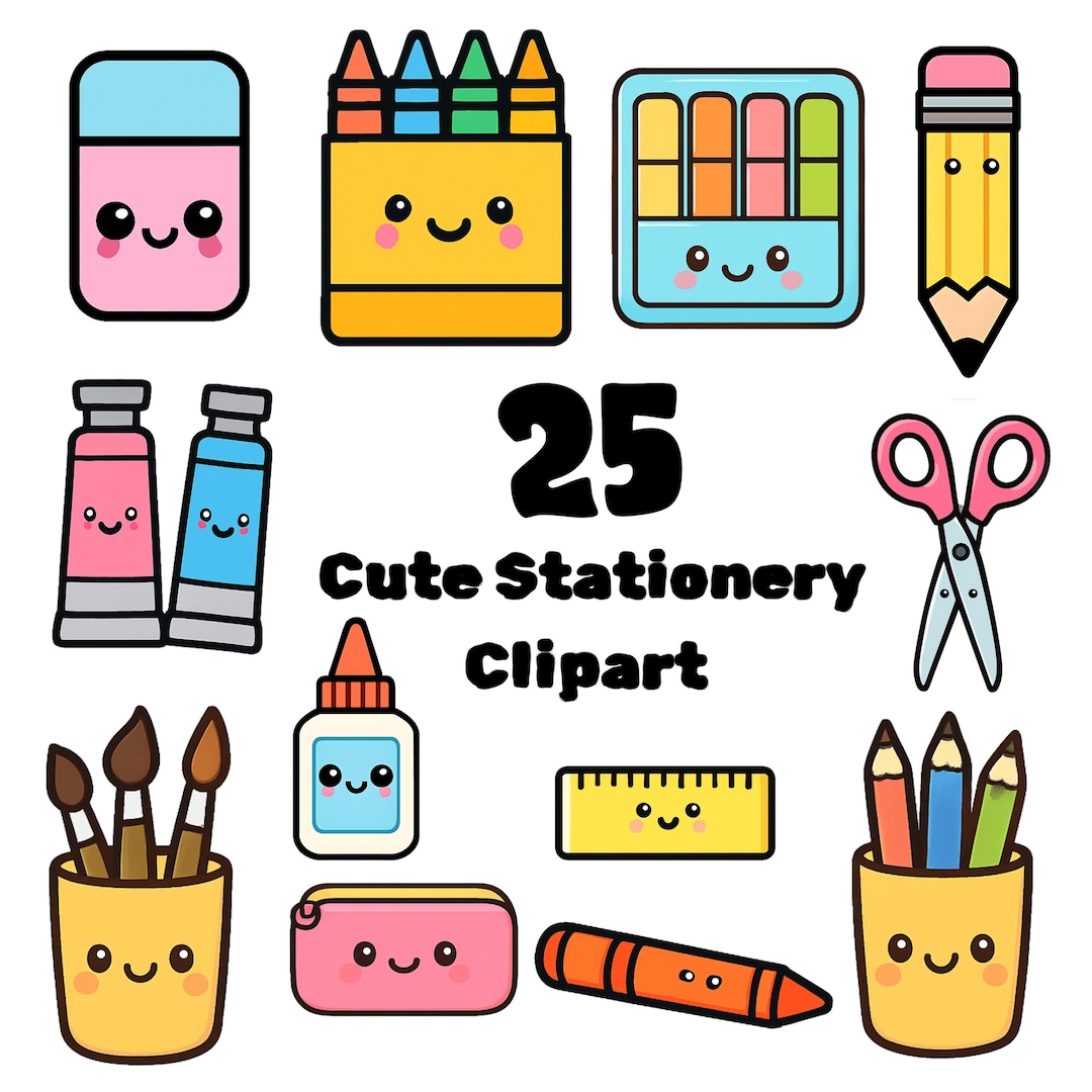 Cute Stationery Clipart | Kawaii School Supplies PNG | Back to School ...
