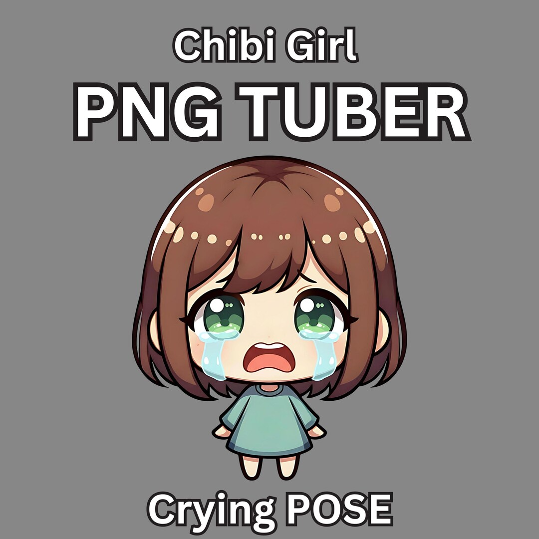 Chibi Girl PNG Tuber Avatar Crying Pose | Brown Hair Green Eyes ...
