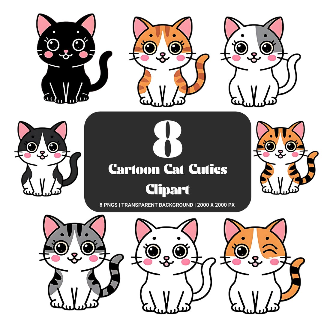 Cartoon Cat Cuties Clipart, Kawaii Cat PNG Bundle, Cute Kitty Sticker ...