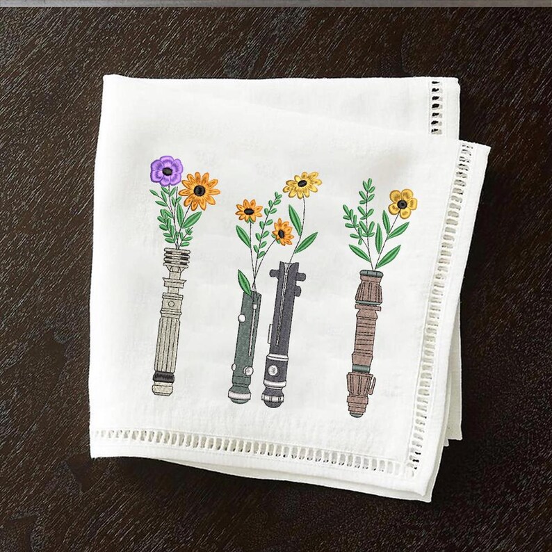 Floral Saber Embroidery Design, Botanical Space Sword Trio With Flowers ...