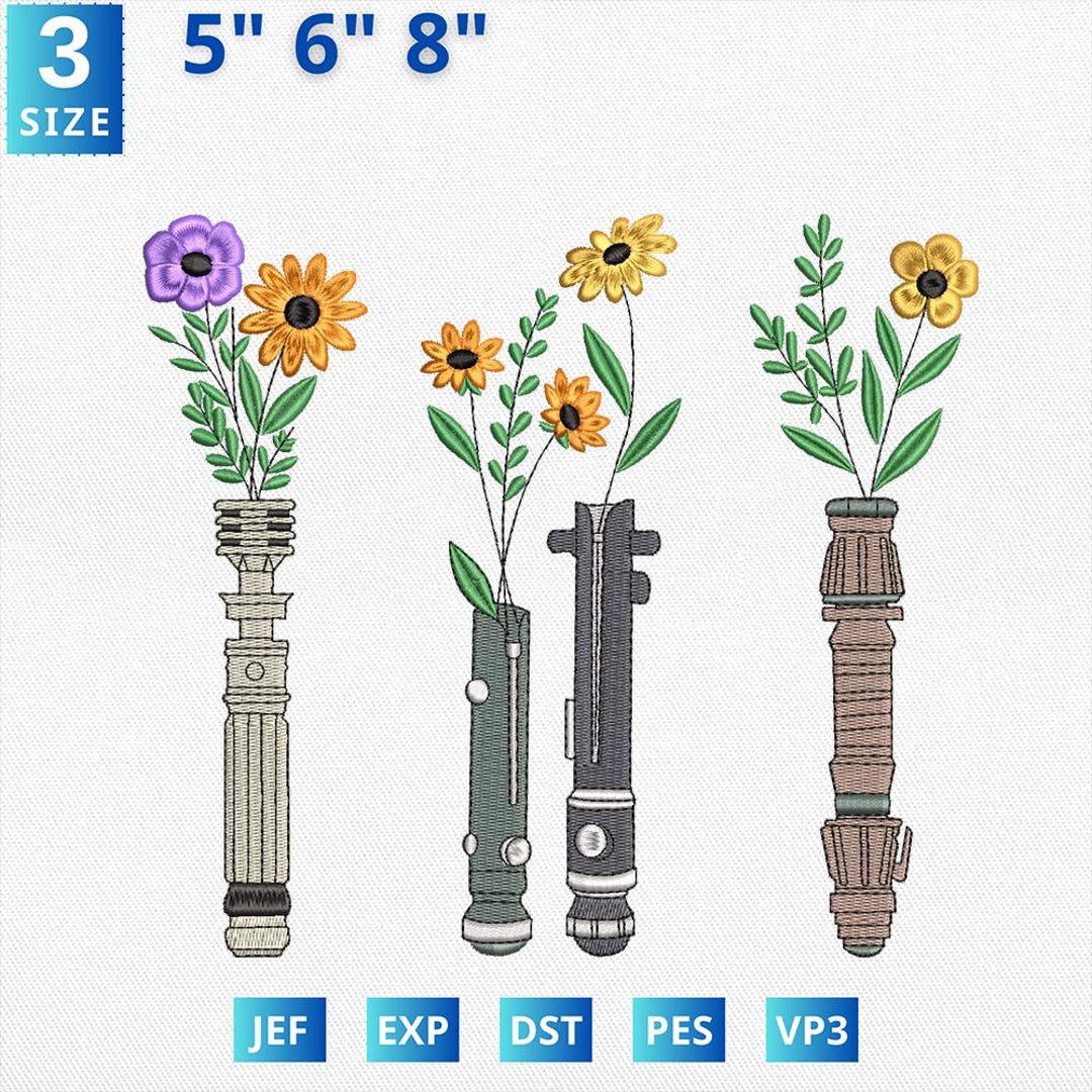 Floral Saber Embroidery Design, Botanical Space Sword Trio With Flowers ...
