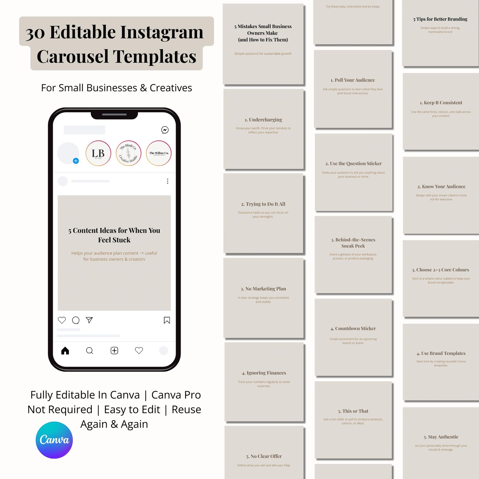 30 Editable Instagram Carousel Templates | Canva Templates for Small ...