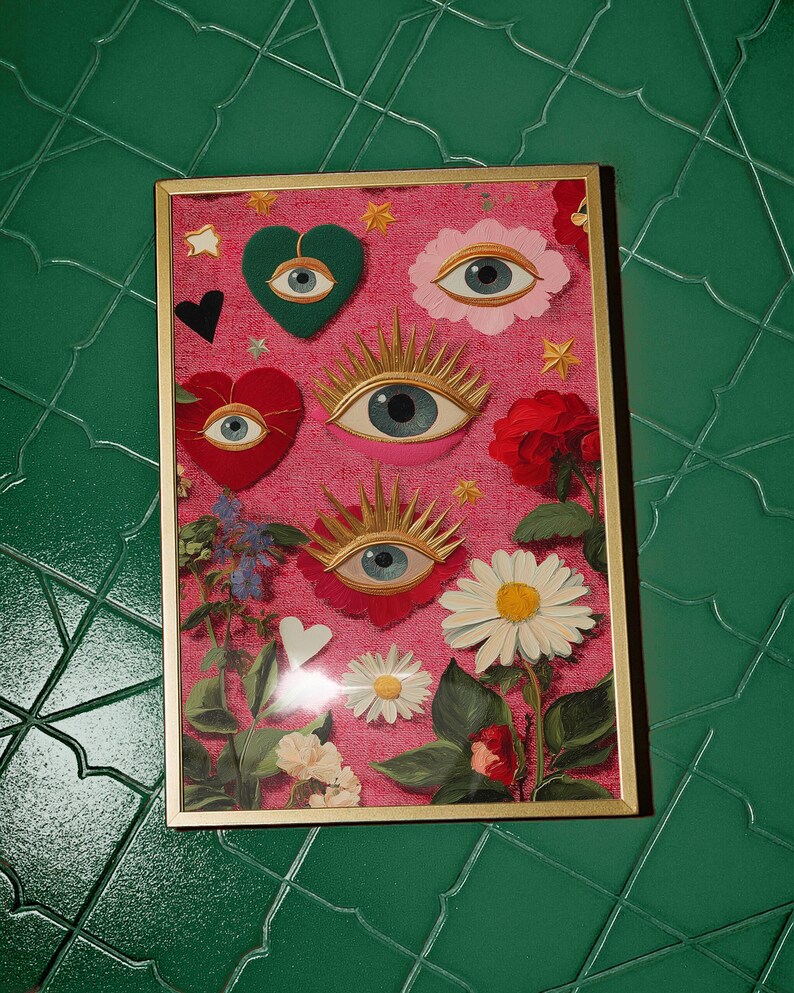 Sacred Heart Eye Art Print: Pink Floral Maximalist Decor (digital ...