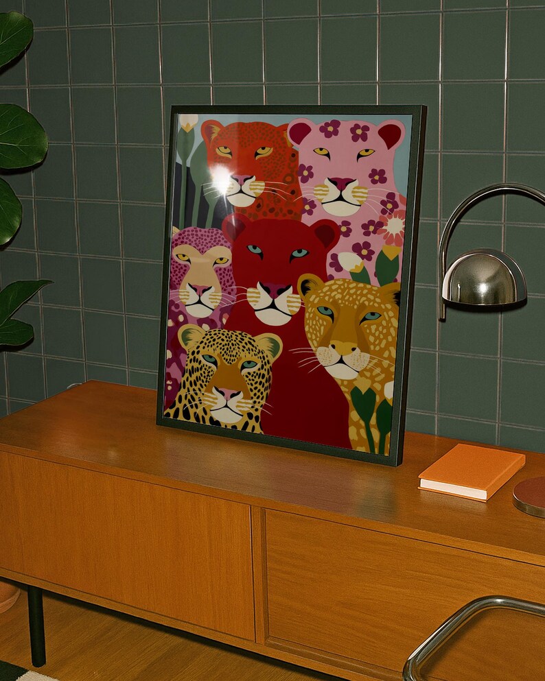 Colorful Leopard Poster: Maximalist Big Cat Art, Folk Animal Wall Decor ...