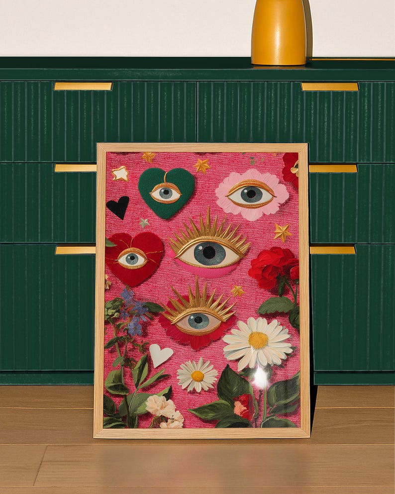 Sacred Heart Eye Art Print: Pink Floral Maximalist Decor (digital ...