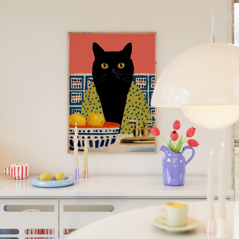 Black Cat Kitchen Poster, Whimsical Animal Art Print, Colorful Eclectic ...