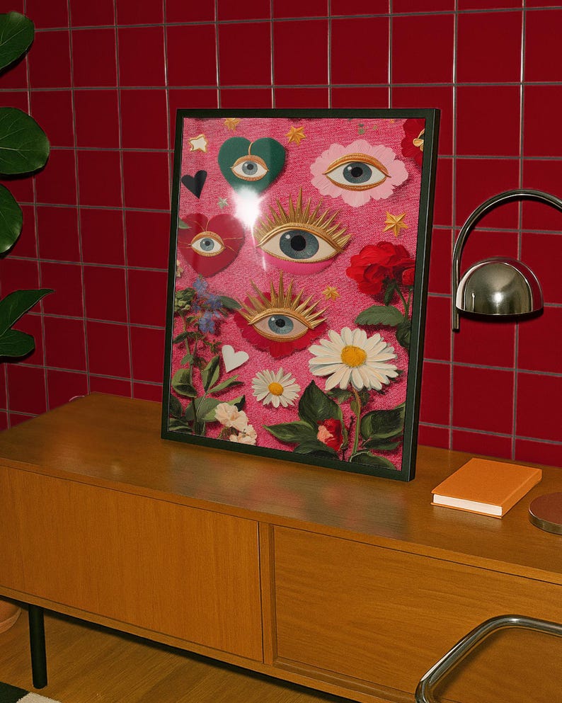 Sacred Heart Eye Art Print: Pink Floral Maximalist Decor (digital ...