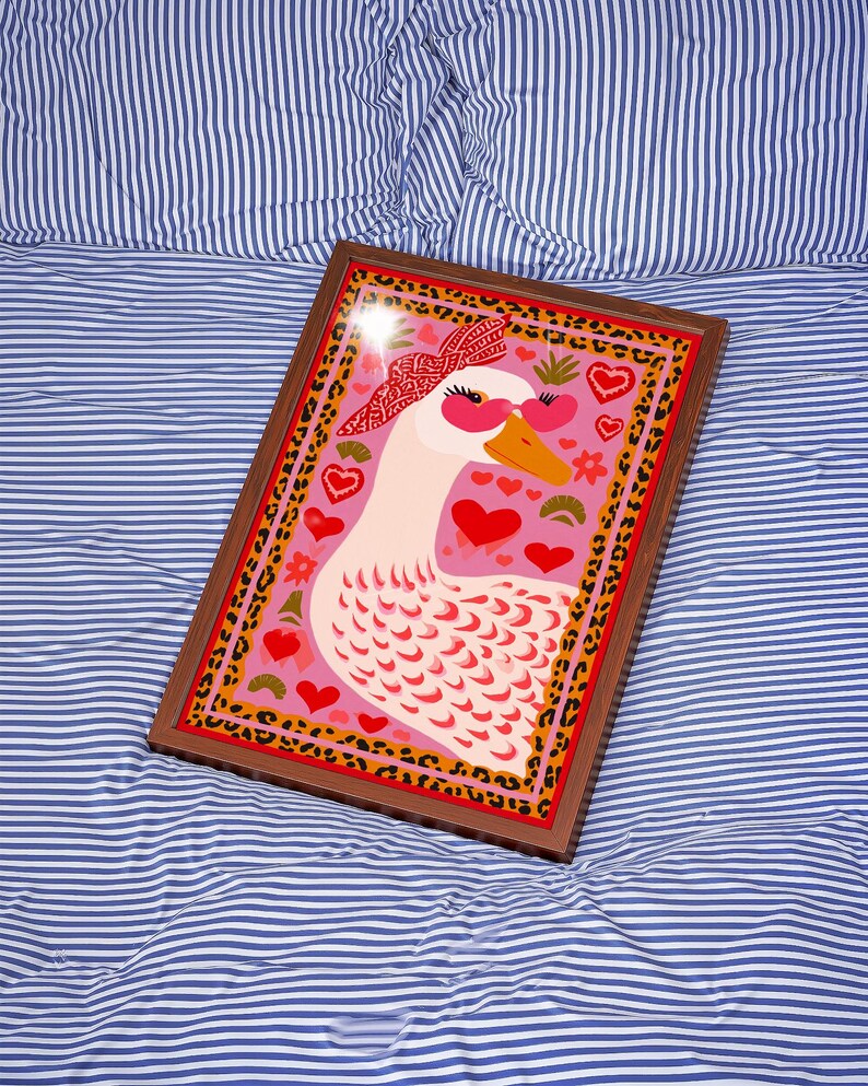 Coquette Goose Print: Pink Leopard Frame Poster, Maximalist Bird Decor ...