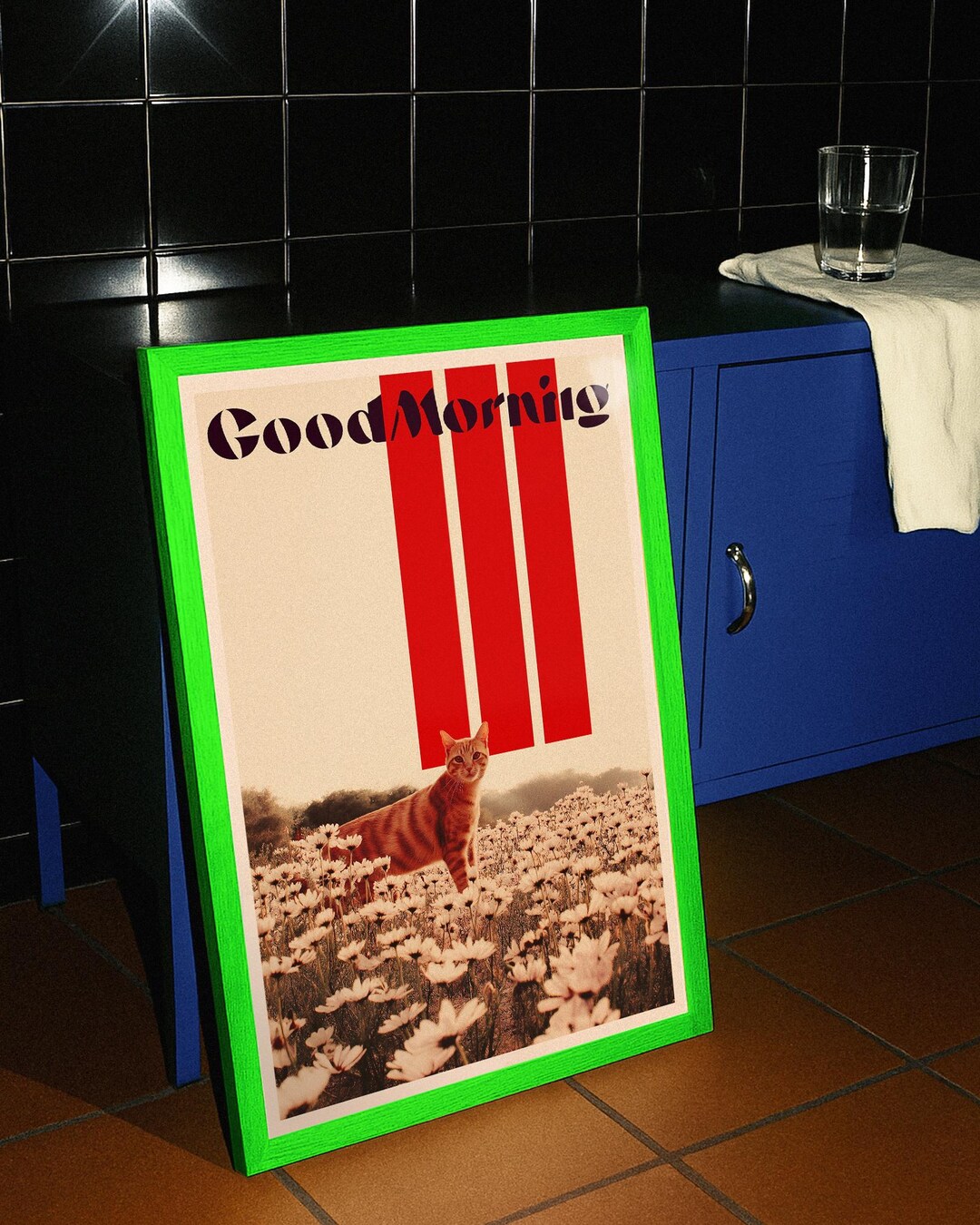 Retro Cat Morning Poster, Tabby in Daisy Field, Whimsical Wall Art ...