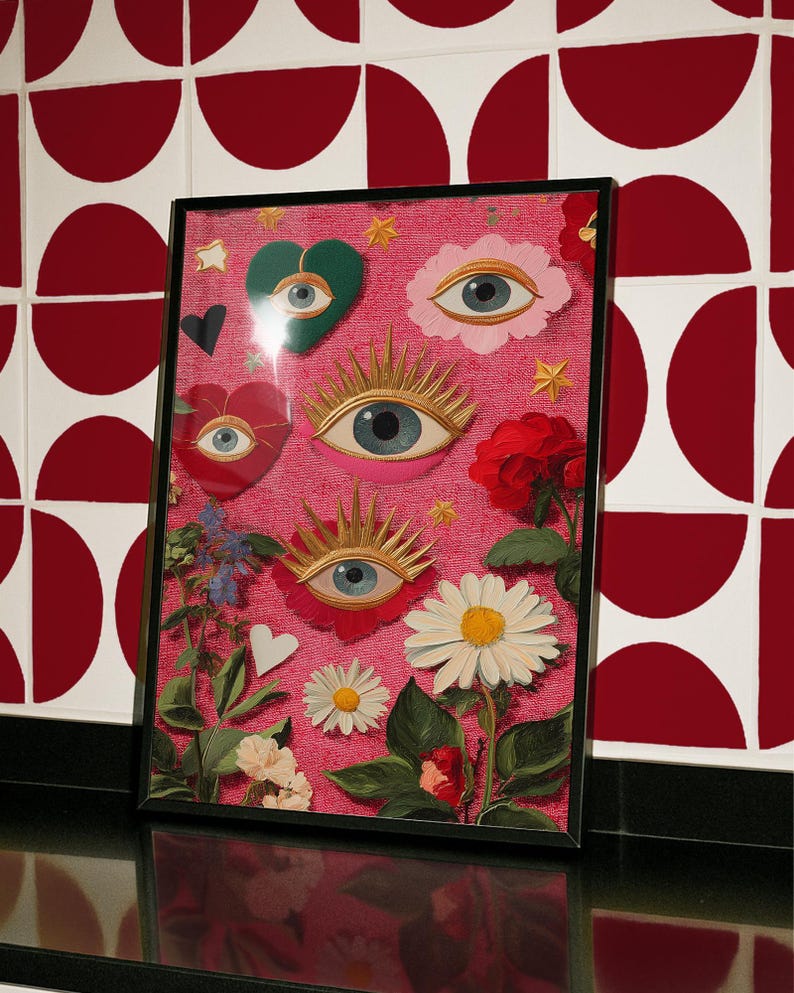 Sacred Heart Eye Art Print: Pink Floral Maximalist Decor (digital ...