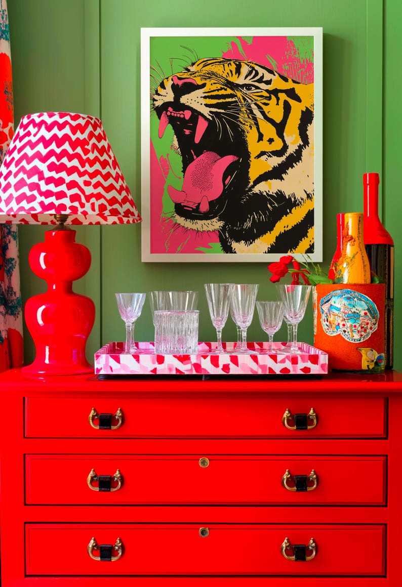 Pop Art Tiger Print: Neon Pink & Green, Maximalist Decor - Etsy