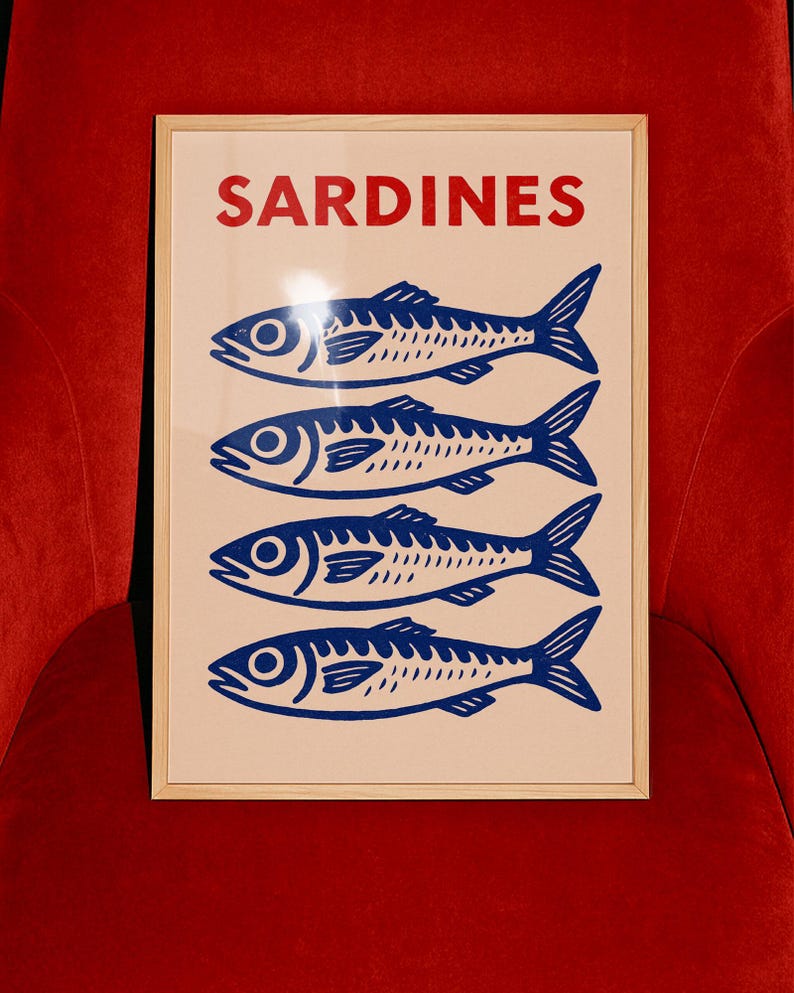 Sardine Poster: Coastal Kitchen Wall Art, Retro Seafood Print, Minimal ...