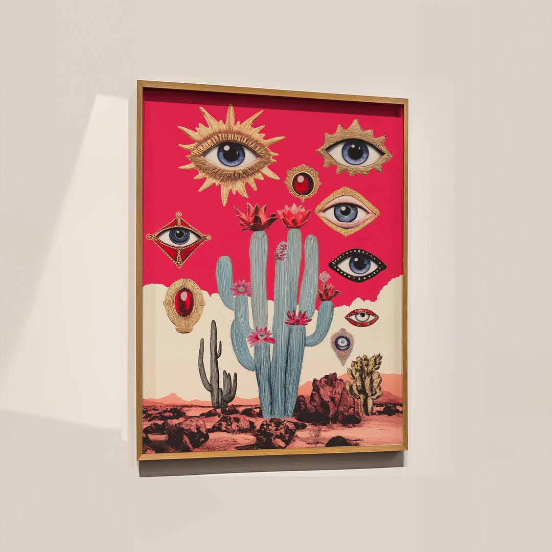 Mystical Cactus Poster, Surreal Pink Desert Print, Maximalist Boho Art ...