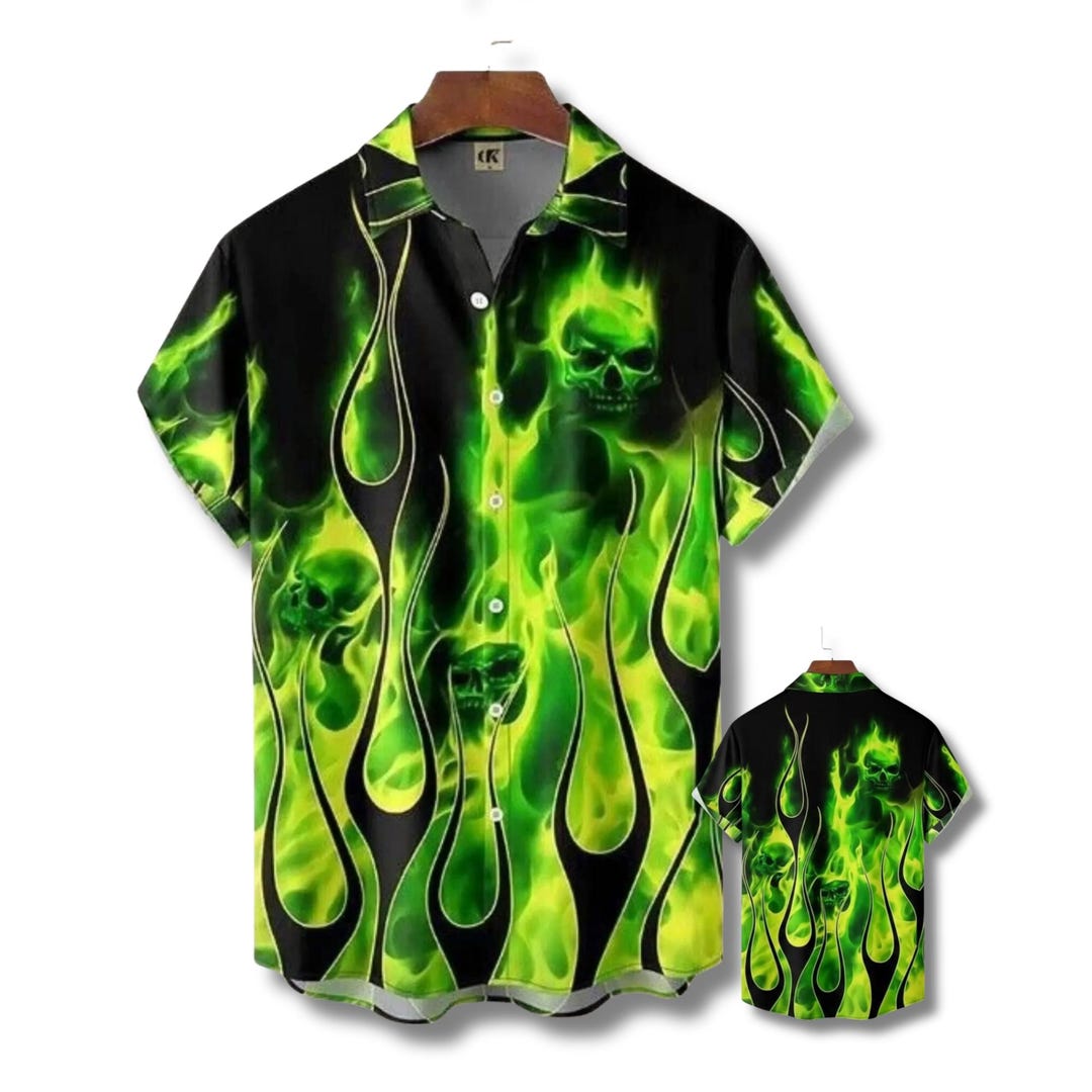 3D Green Flame Skull Hawaiian Shirt, Gothic Aloha Party Top - Etsy