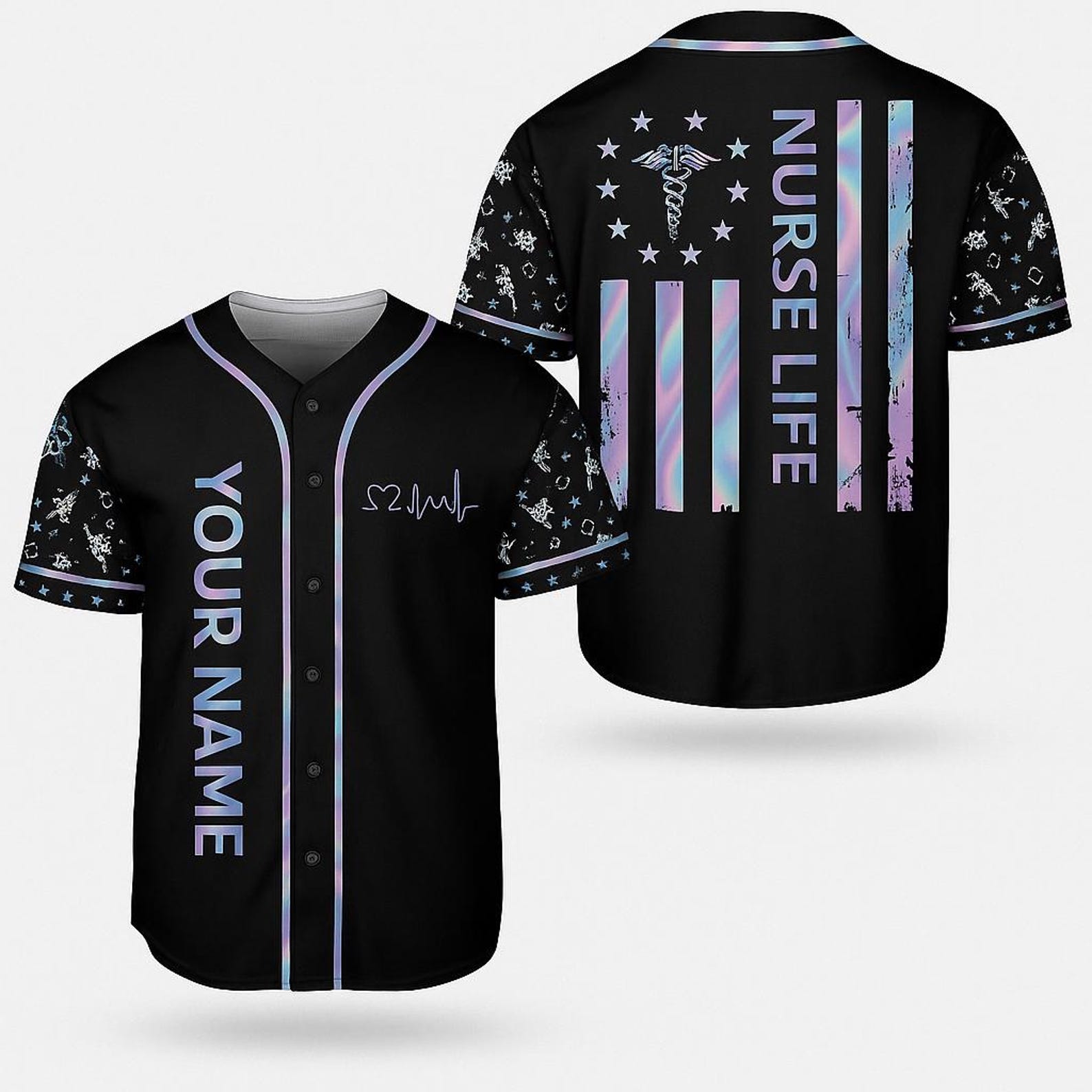 Custom Nurse Life Baseball Jersey – Holographic Flag Shirt for Medical ...