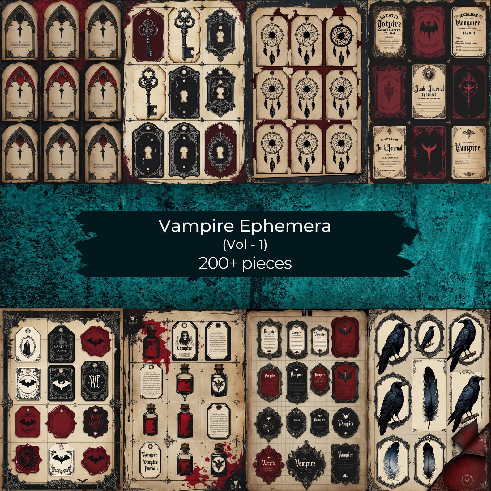 Gothic Vampire Ephemera Kit, Dark Fantasy Scrapbook Printables (vol. 1 ...