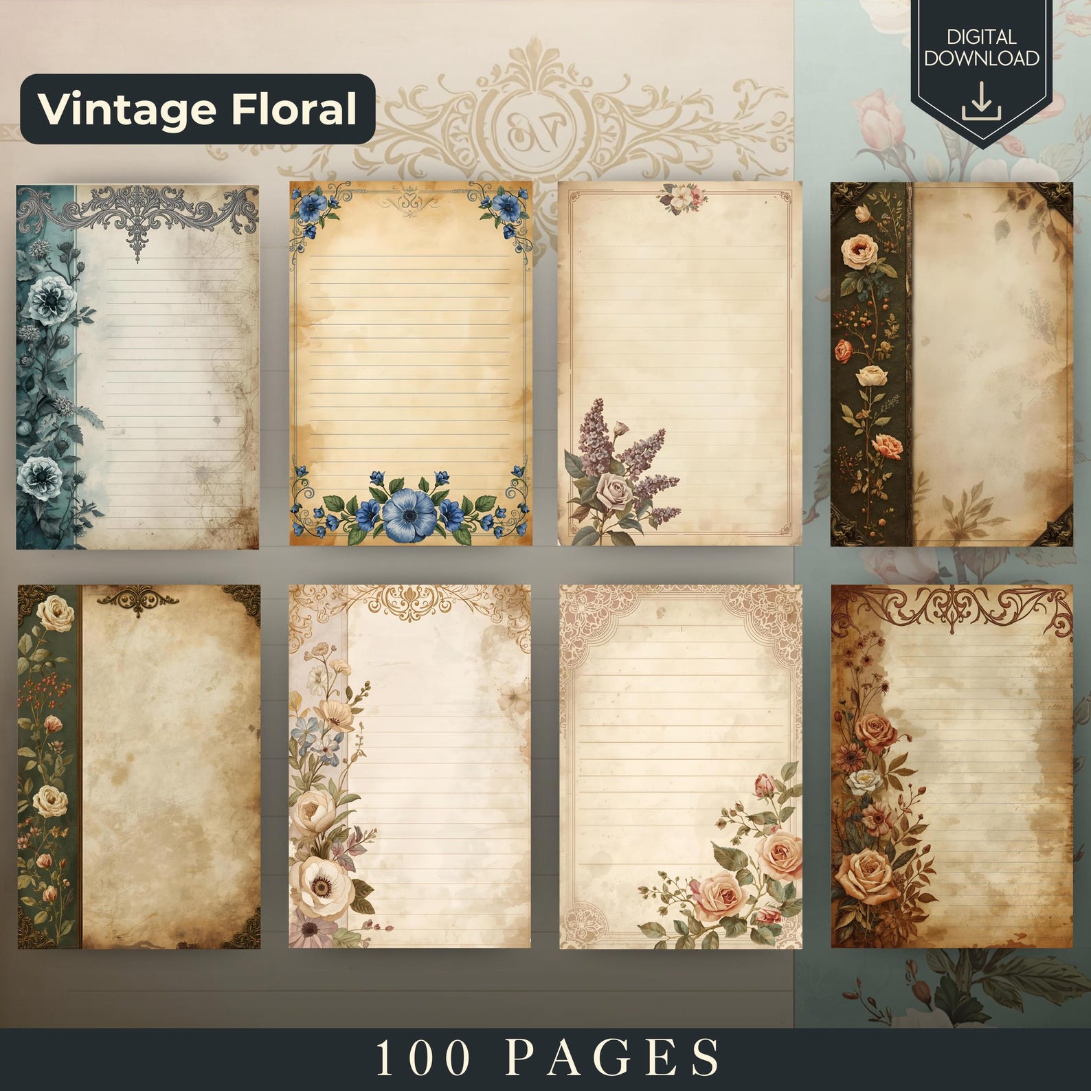 Vintage Floral Junk Journal Kit, Lined Paper, Scrapbook Pages (digital ...