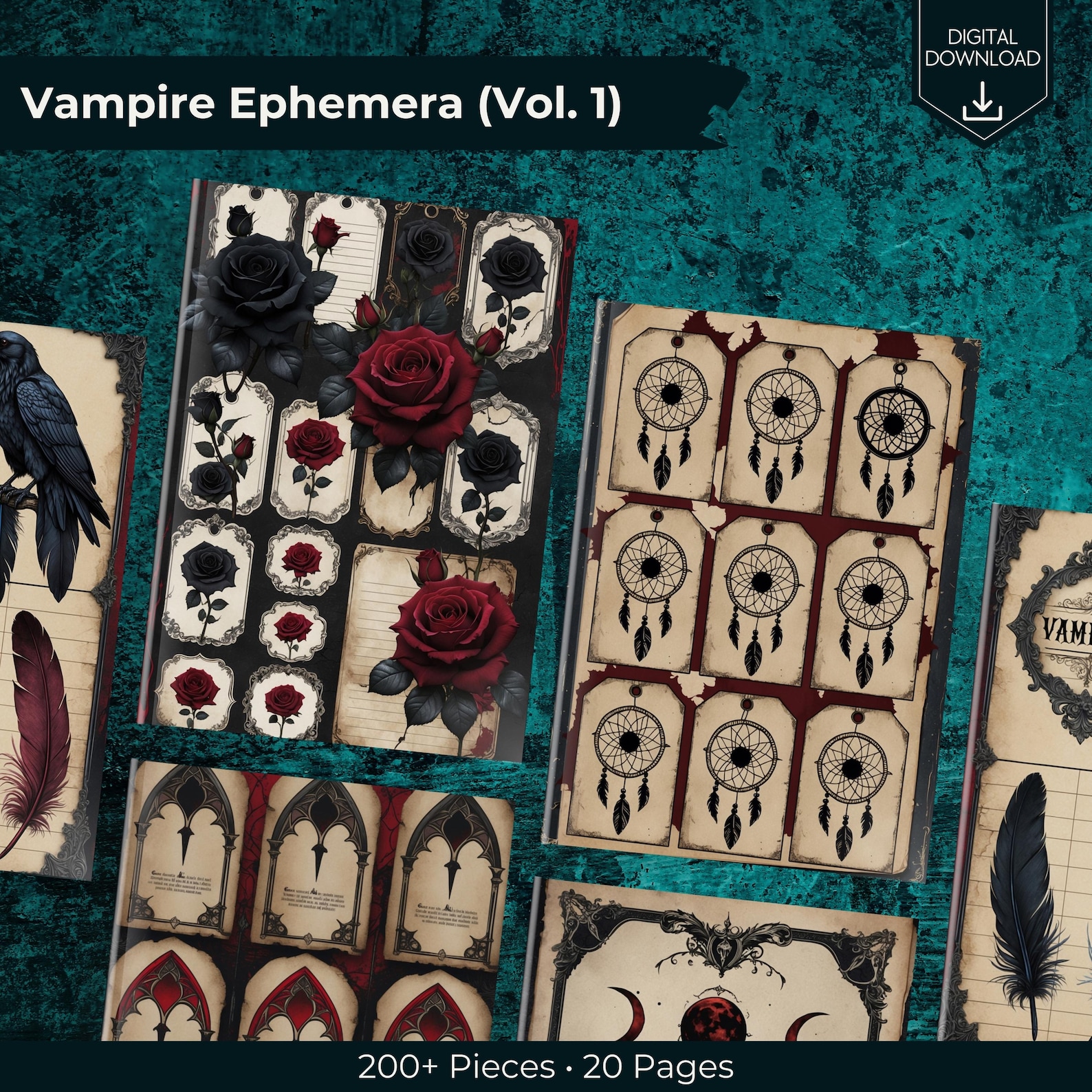 Gothic Vampire Ephemera Kit, Dark Fantasy Scrapbook Printables (vol. 1 ...