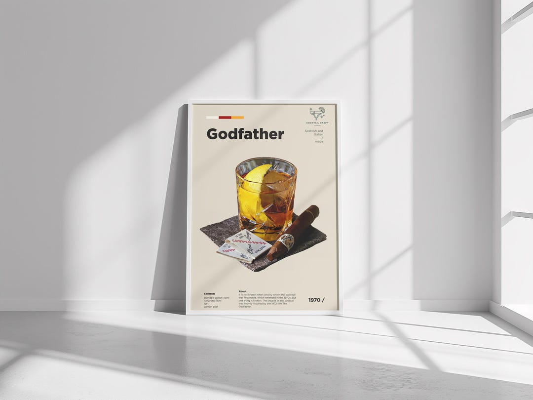 Godfather Cocktail Poster, Classic Whiskey Cocktail Wall Art, Retro ...