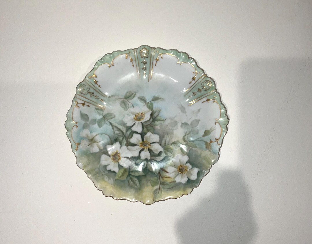 CFH GDM Plate, White Roses, Sage Green, Gold Trim - Etsy