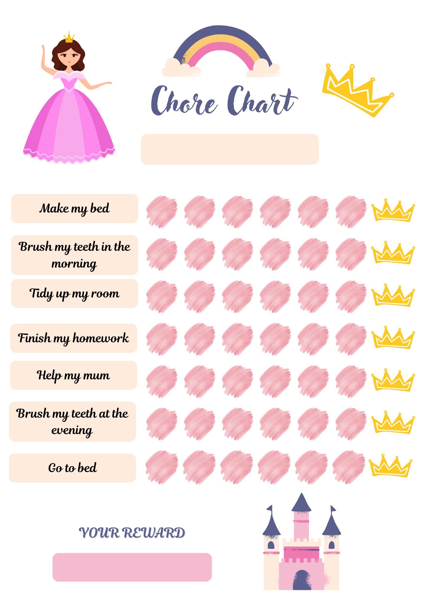 Reward Chart, for Kids, Chore Chart for Girls Princess – Printable ...