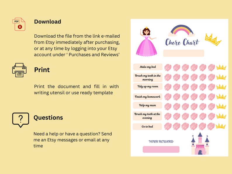 Reward Chart, for Kids, Chore Chart for Girls Princess – Printable ...