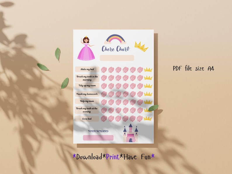 Reward Chart, for Kids, Chore Chart for Girls Princess – Printable ...