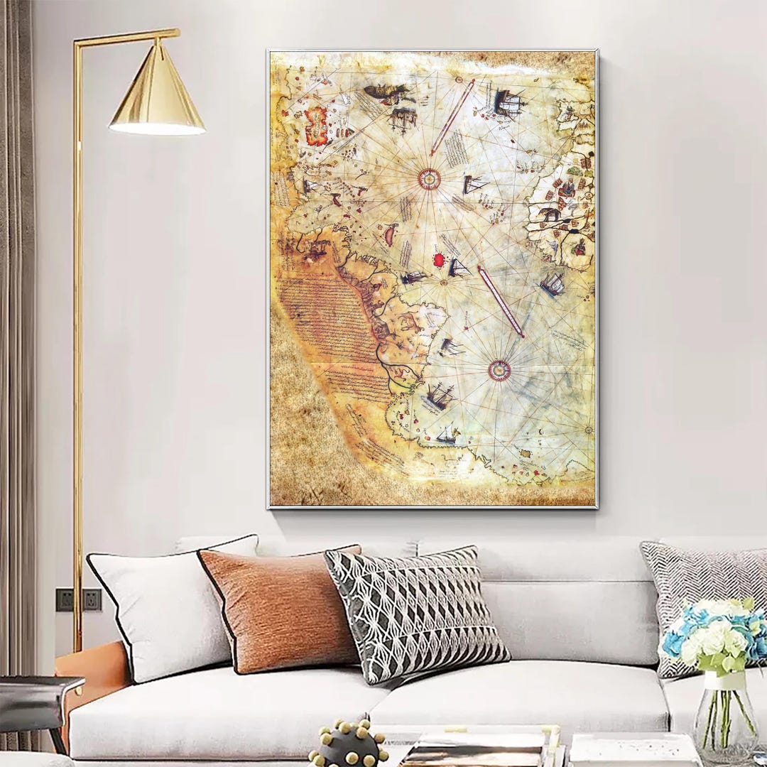 Piri Reis World Map Canvas, Framed Historical Wall Art, Ottoman ...