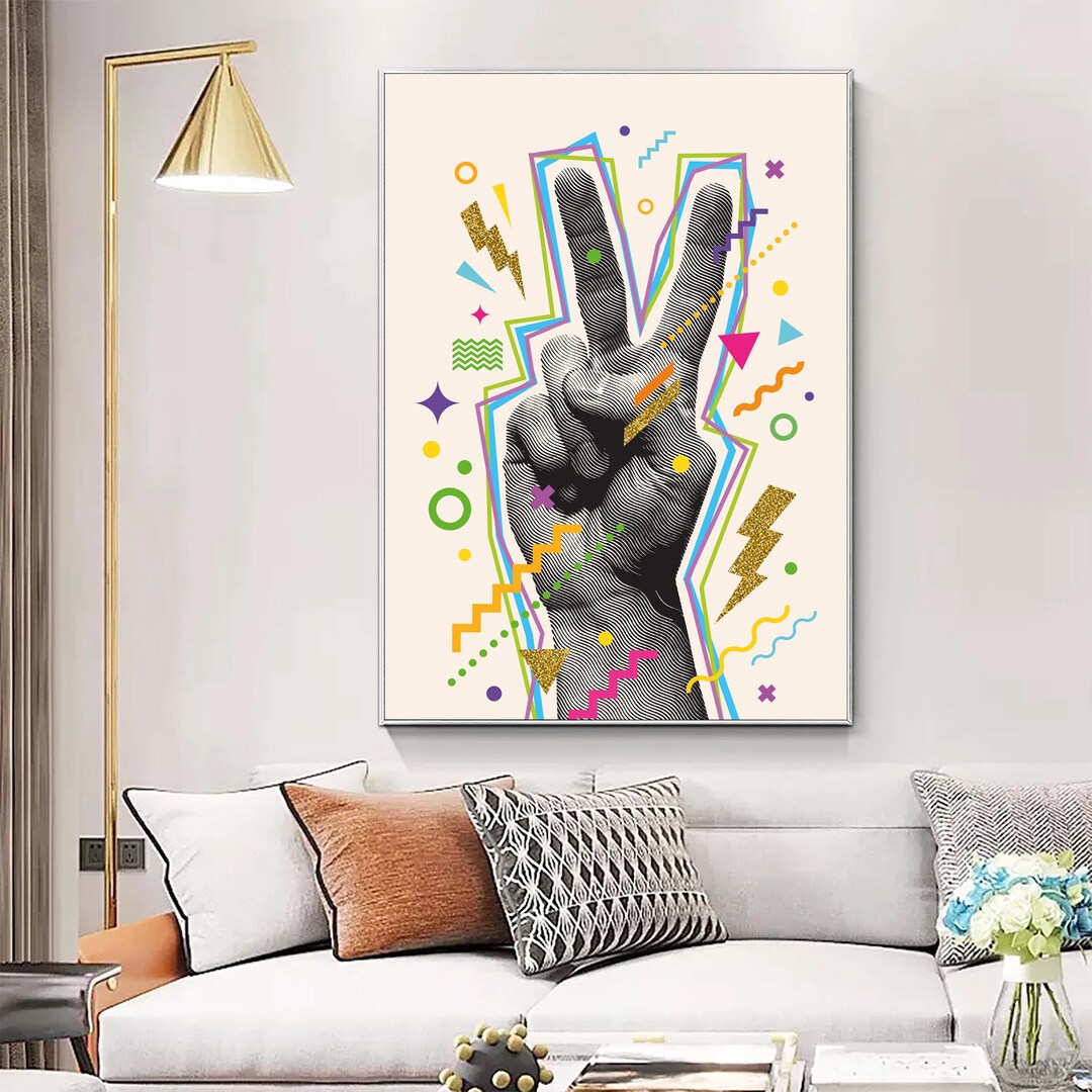 Victory Sign Graffiti Canvas, Pop Art Street Wall Art, Framed Modern ...