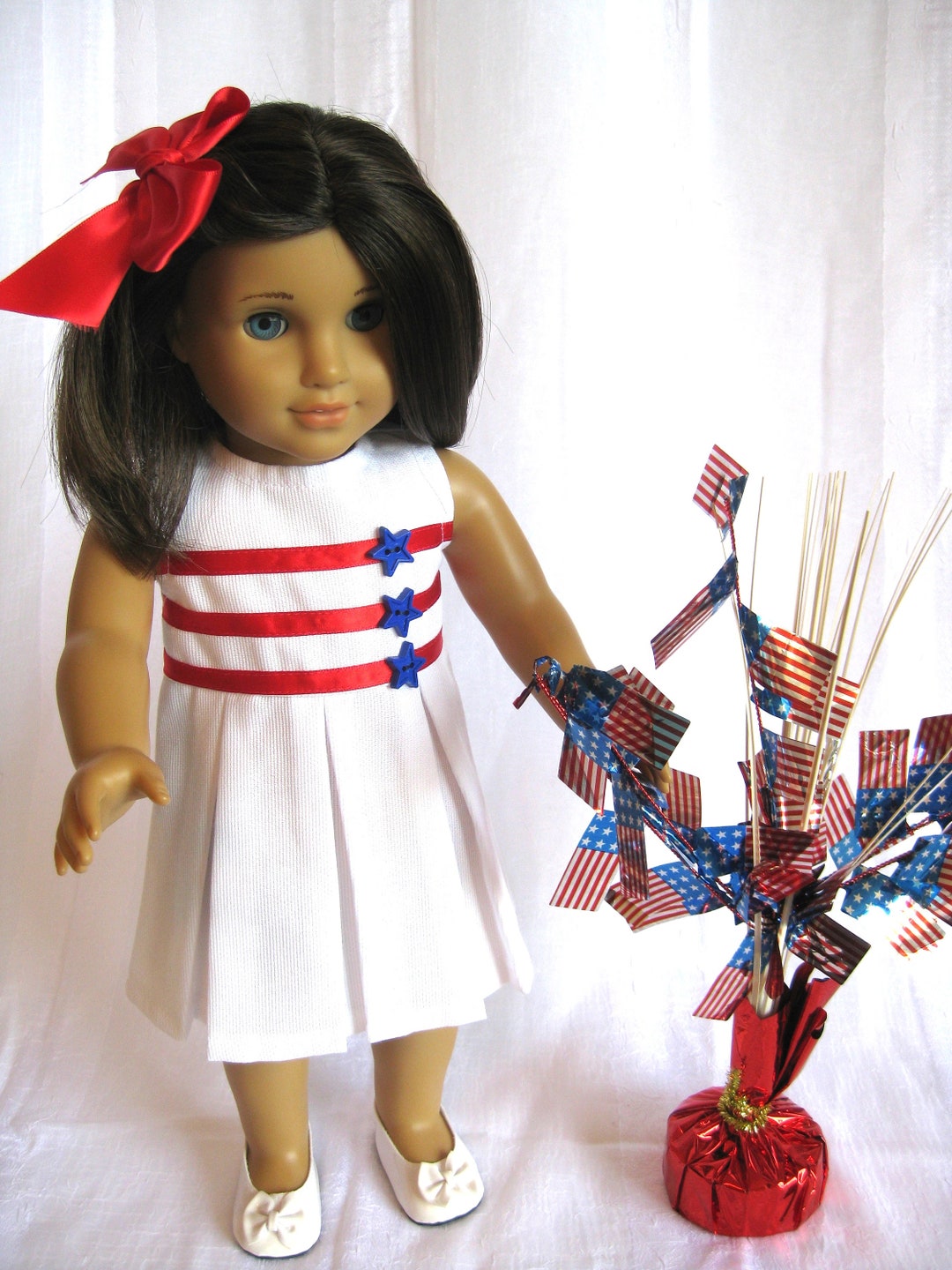 White Pique Dress With Red Ribbon & Blue Stars, Suitable for 18-inch ...