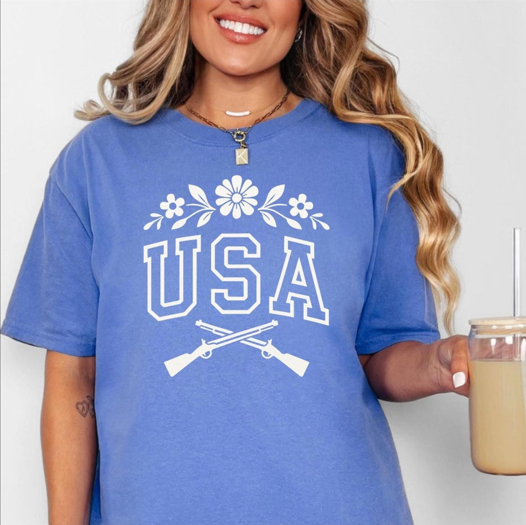 USA Floral Musket Shirt for Women, Cute Patriotic Tee With Flowers and ...