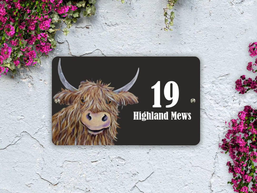 Highland Cow House Sign, Personalised Rural House Sign, Highland Cow ...